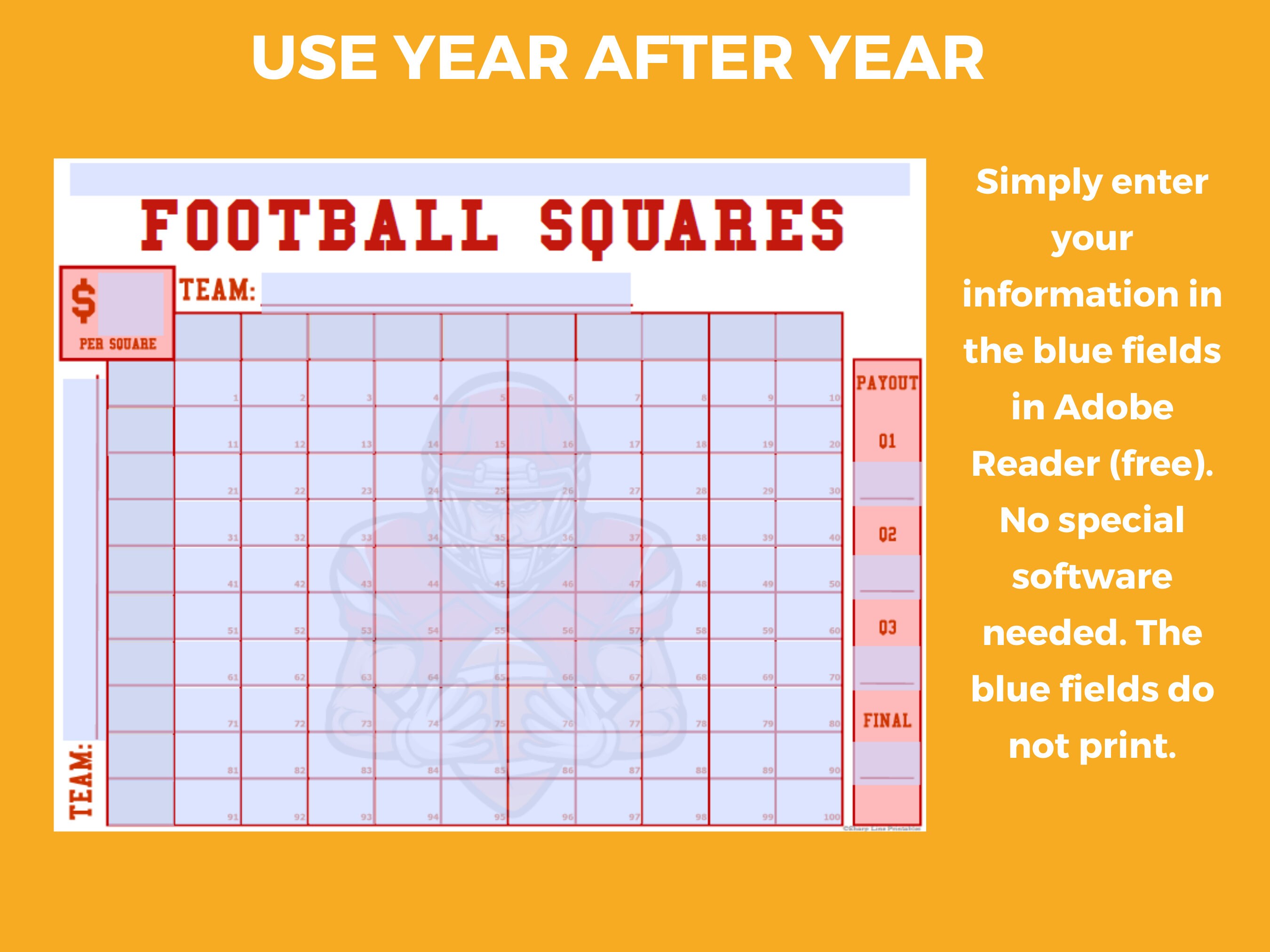 Editable Football Squares Game PDF Numbered Grids for Football Bets ...
