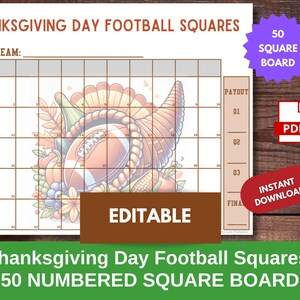 Football Squares Thanksgiving Day Game Editable PDF, 50 Numbered ...