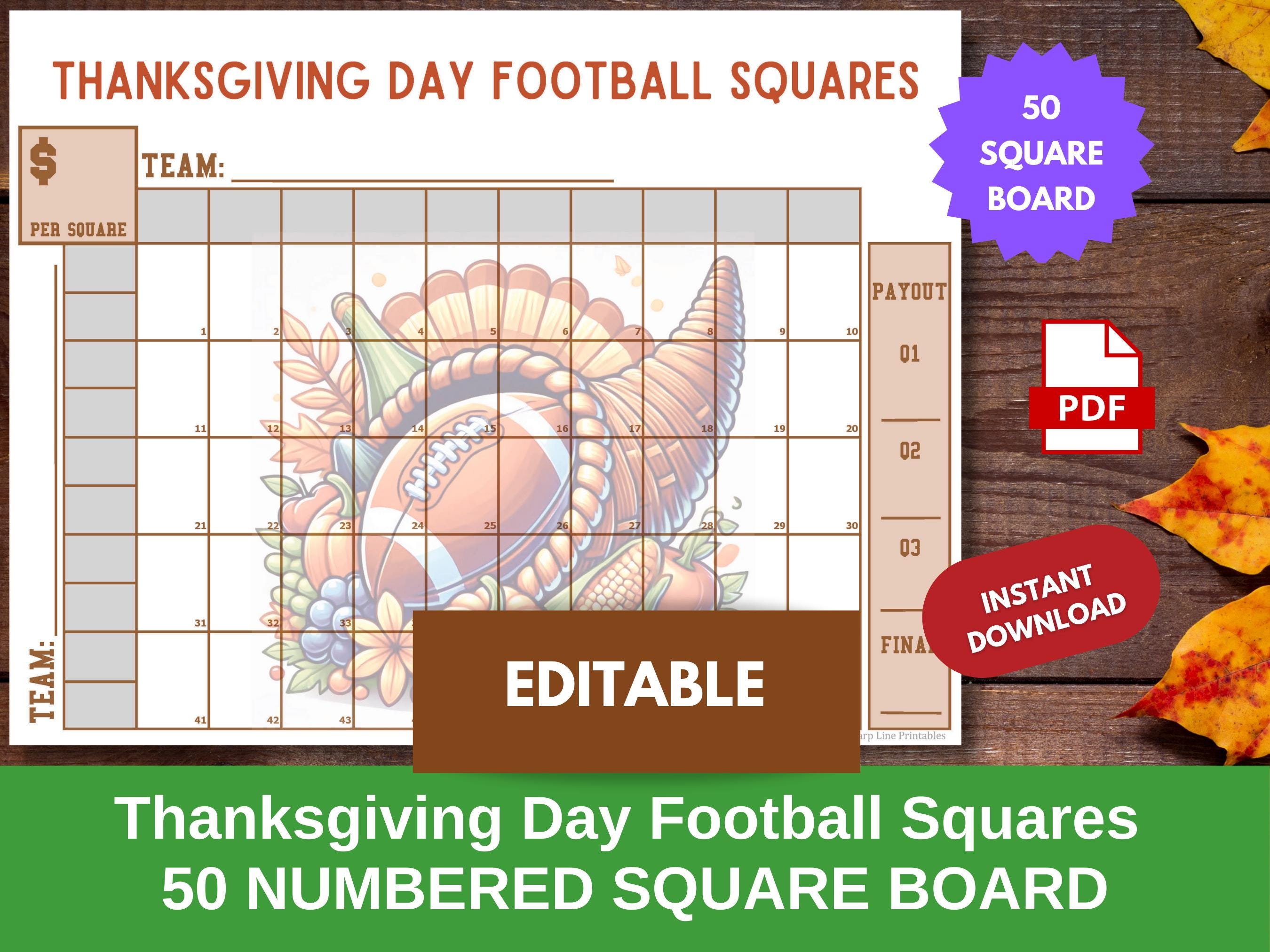 Thanksgiving Football Squares Game: 50 Numbered Squares, Editable (PDF ...