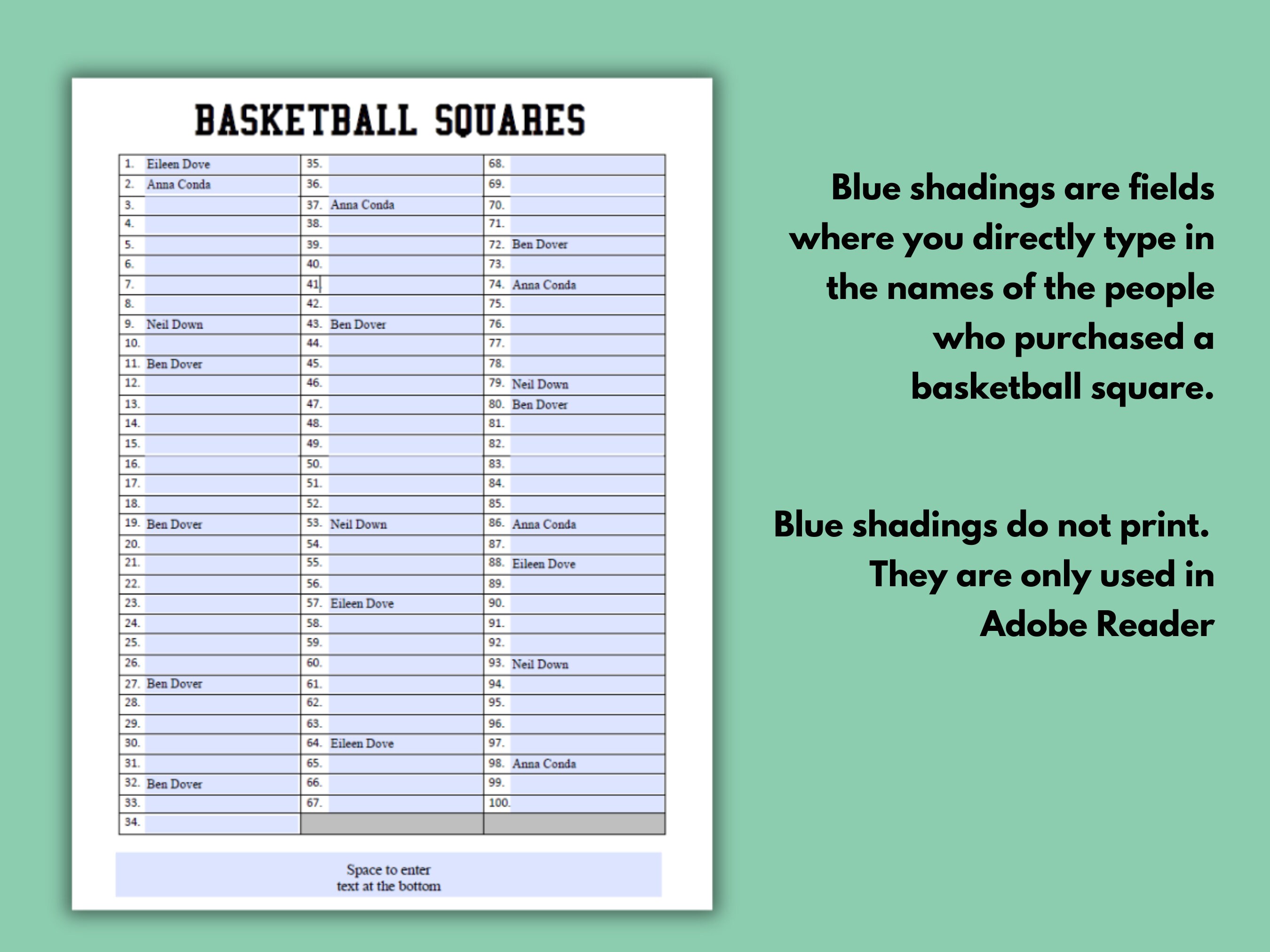 Basketball Squares Fillable Tracking Sheet Printable Form PDF Sheet 100 ...