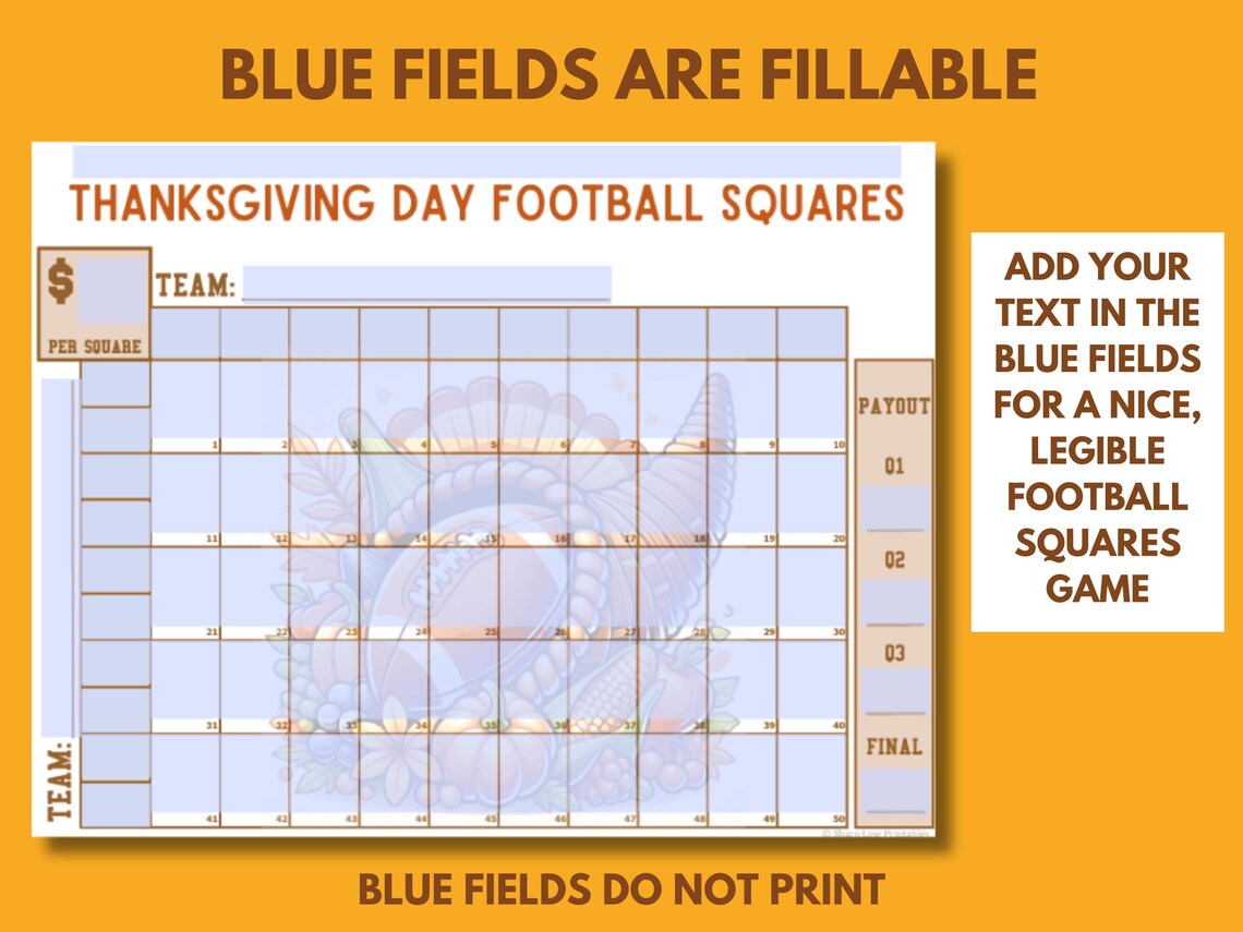 Football Squares Thanksgiving Day Game Editable PDF, 50 Numbered ...