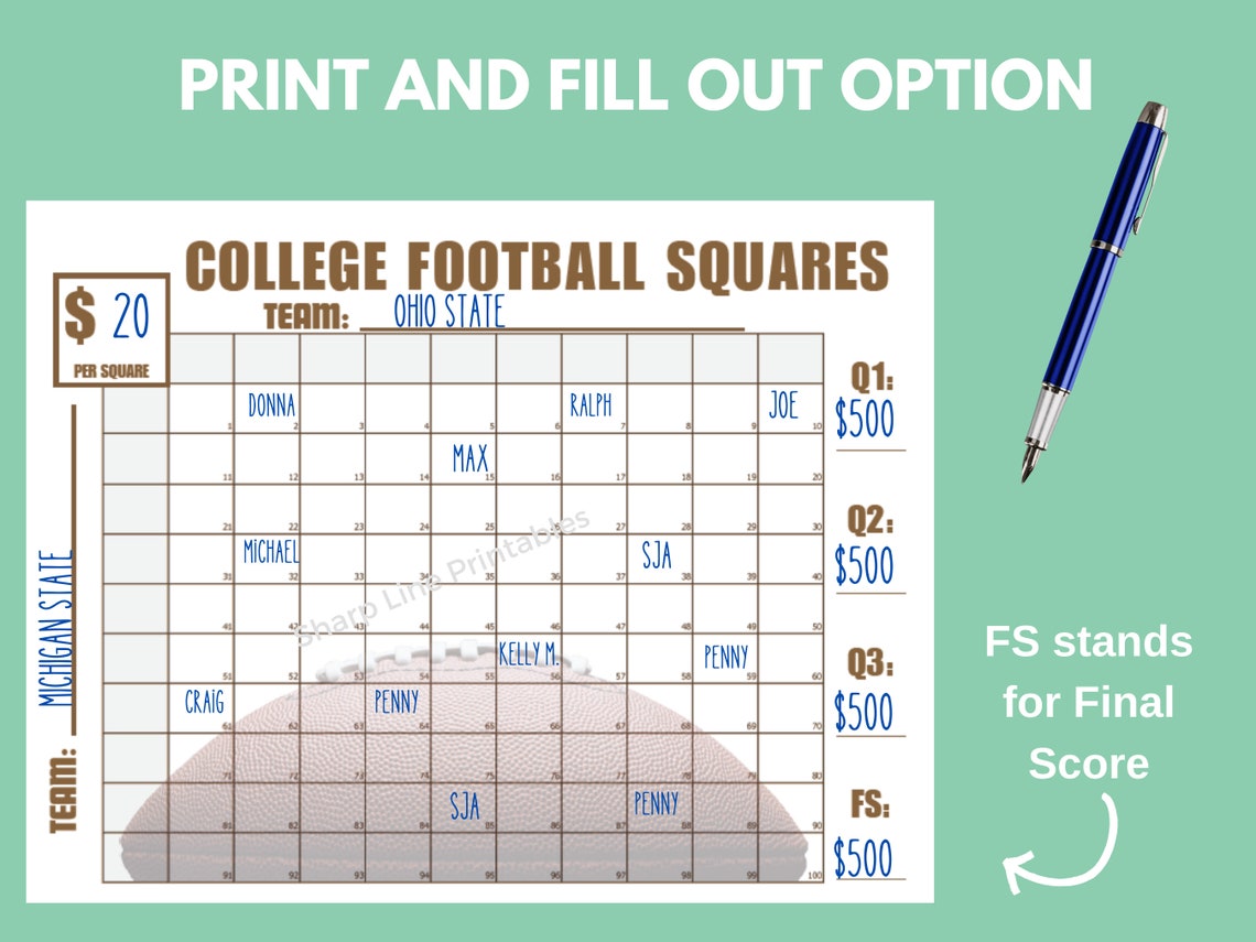 College Football Squares Template Printable Editable PDF Football ...