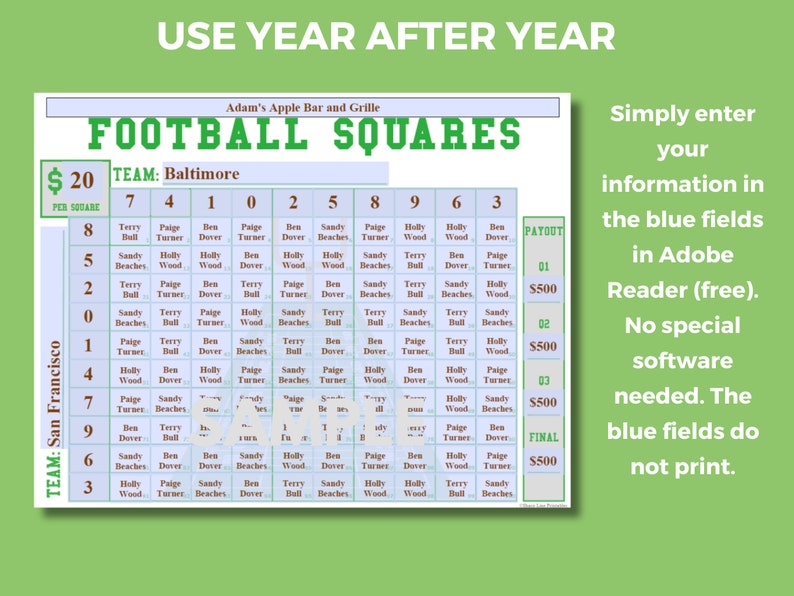 Editable Football Squares 100 Boxes Template Printable PDF Football ...