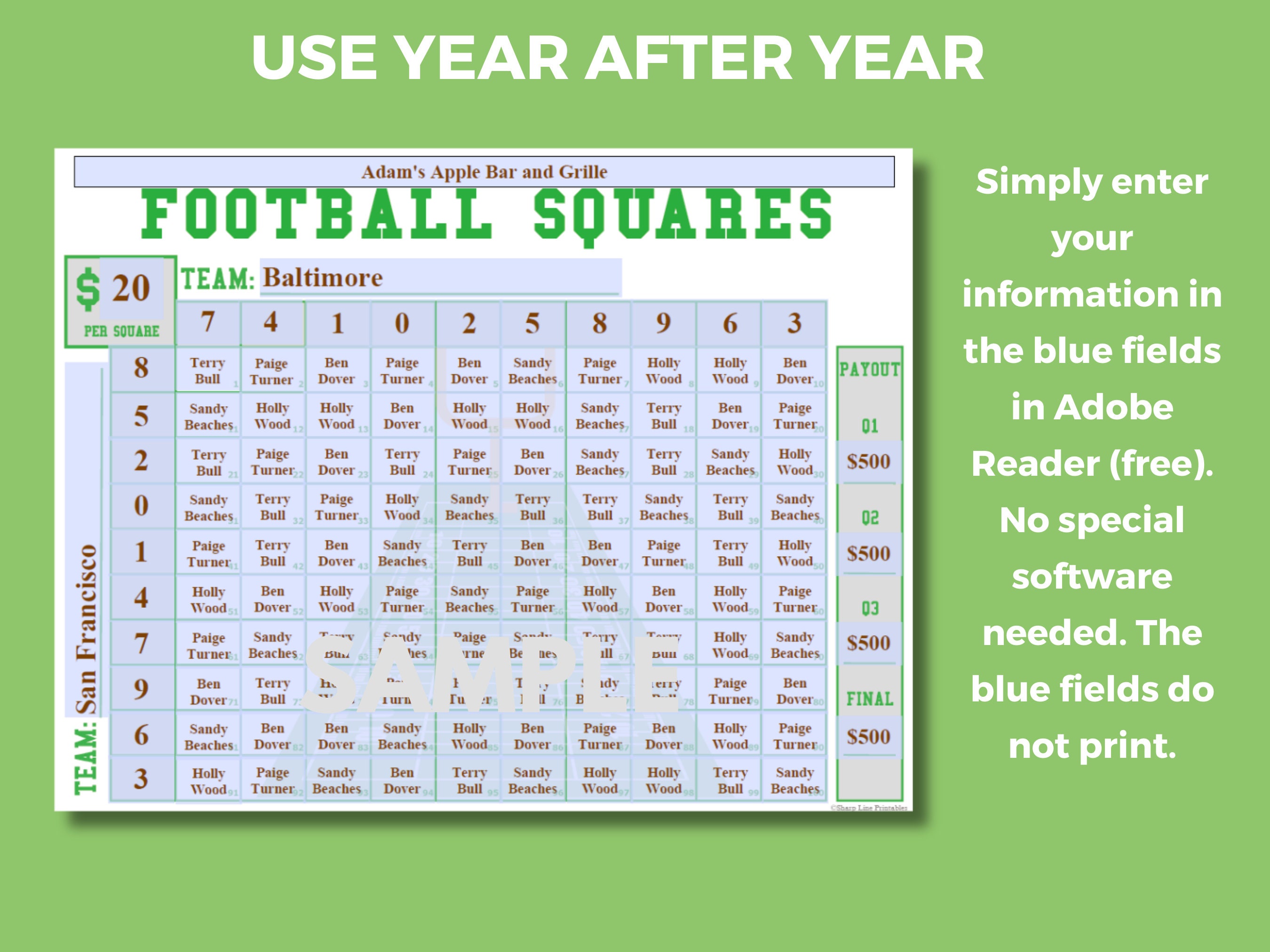 Editable Football Squares 100 Boxes Template Printable PDF Football ...