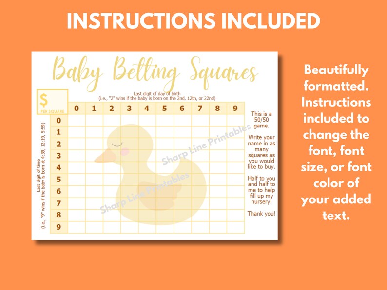 Fun Baby Betting Squares Game | Customize Your Own | Duck Theme Shower ...