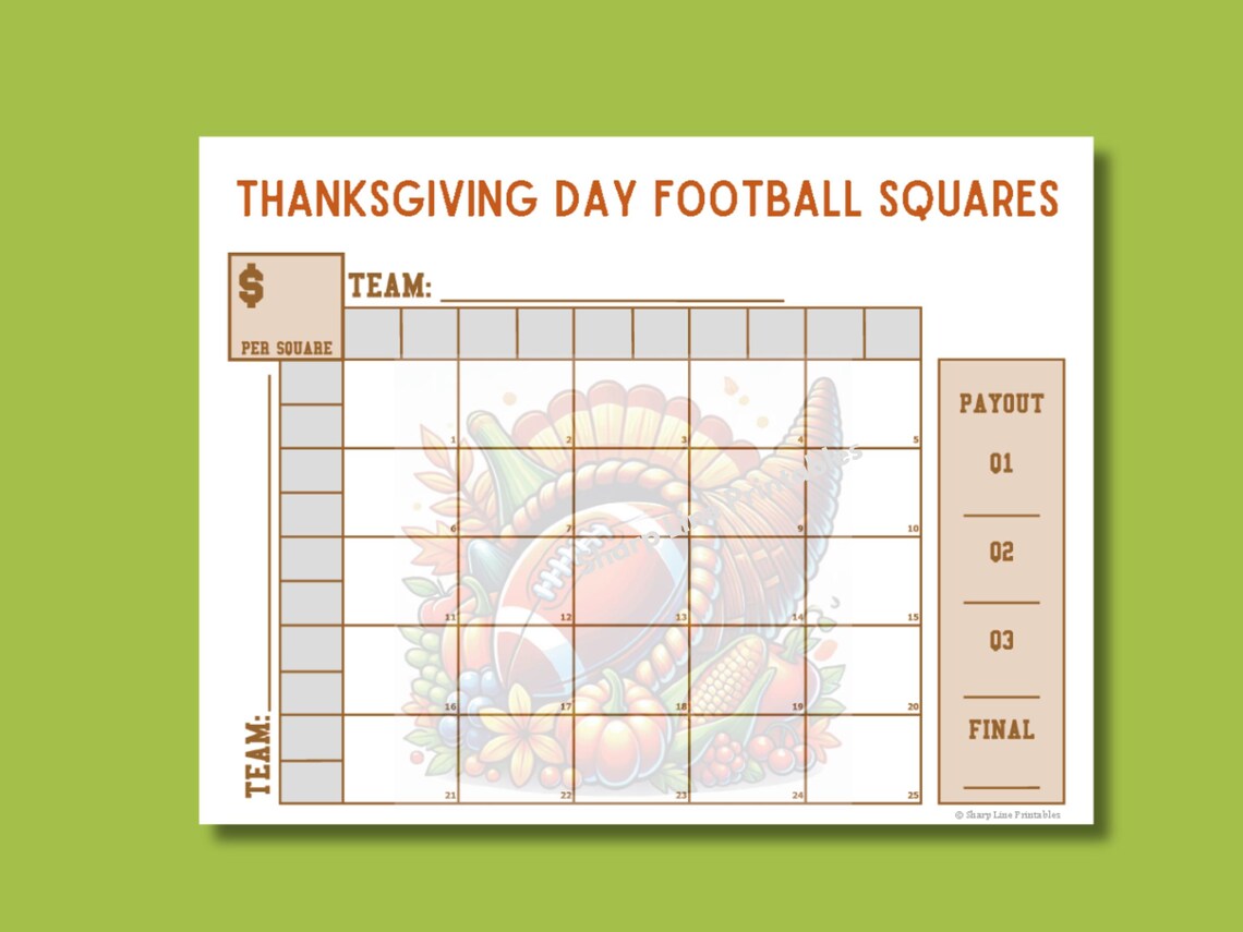 Thanksgiving Football Squares Game: 25 Square Board (printable PDF) - Etsy