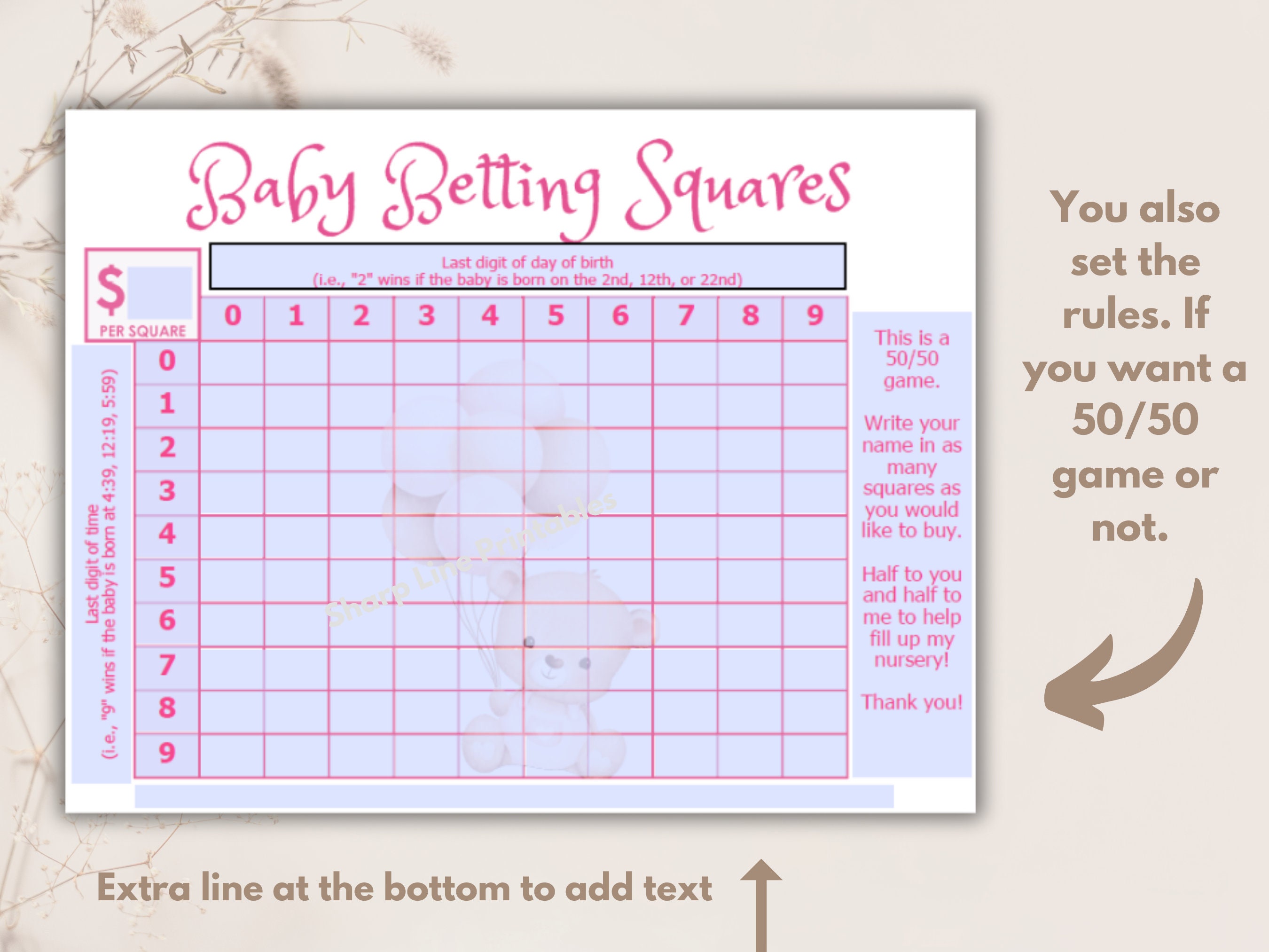 Pink Bear Baby Betting Squares Editable Baby Shower Game Customizable ...