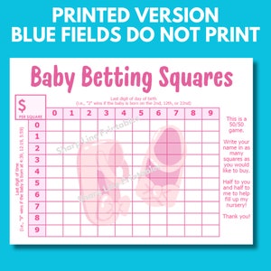 Girl Baby Shower Betting Squares Game: Prediction Pool (printable PDF ...