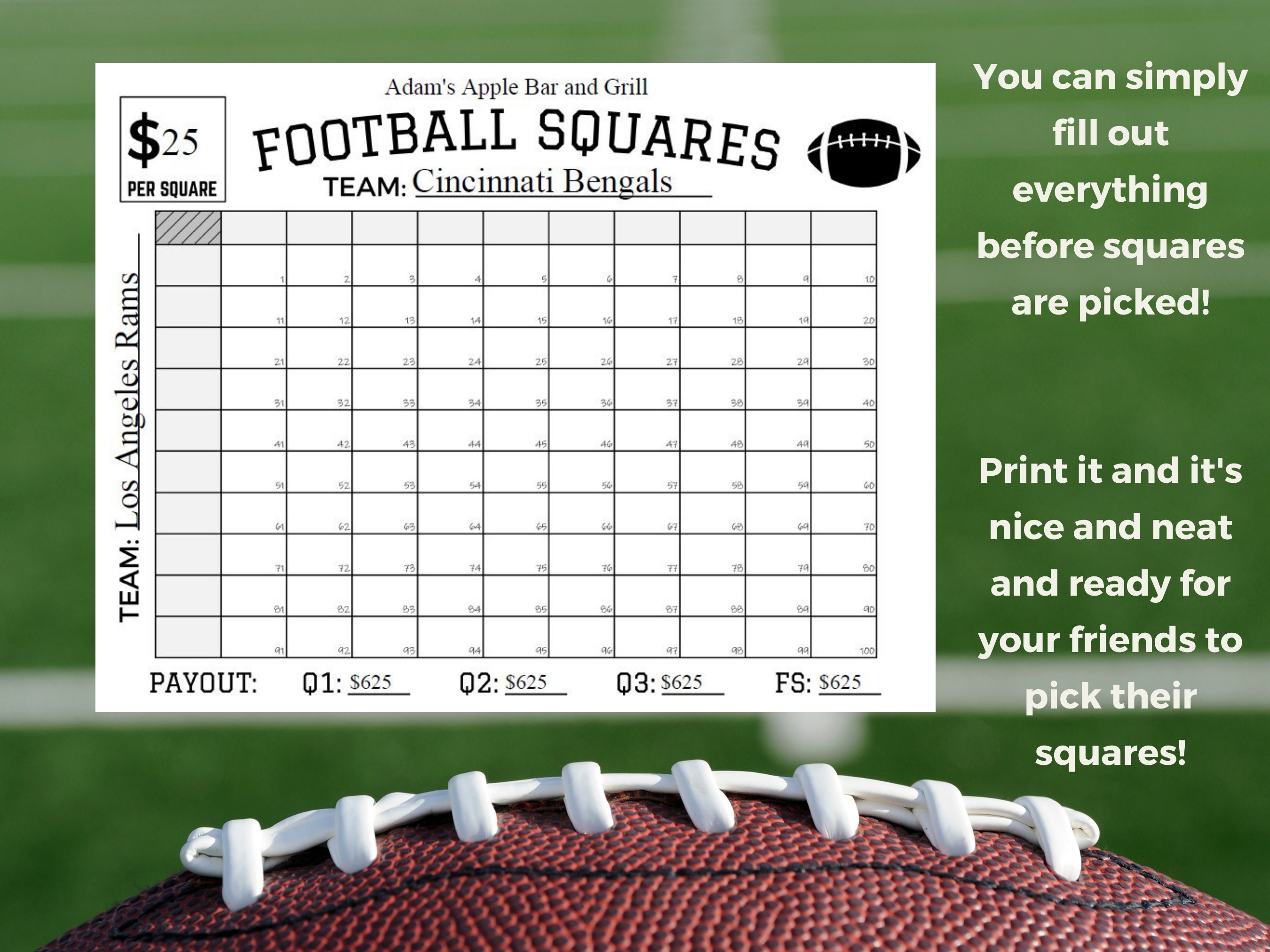 Football Squares Game Printable Editable PDF. Super Bowl Squares ...