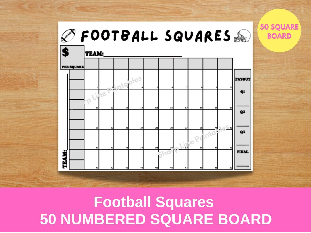 50 Football Squares Game Printable PDF | 50 Numbered Squares | Football ...