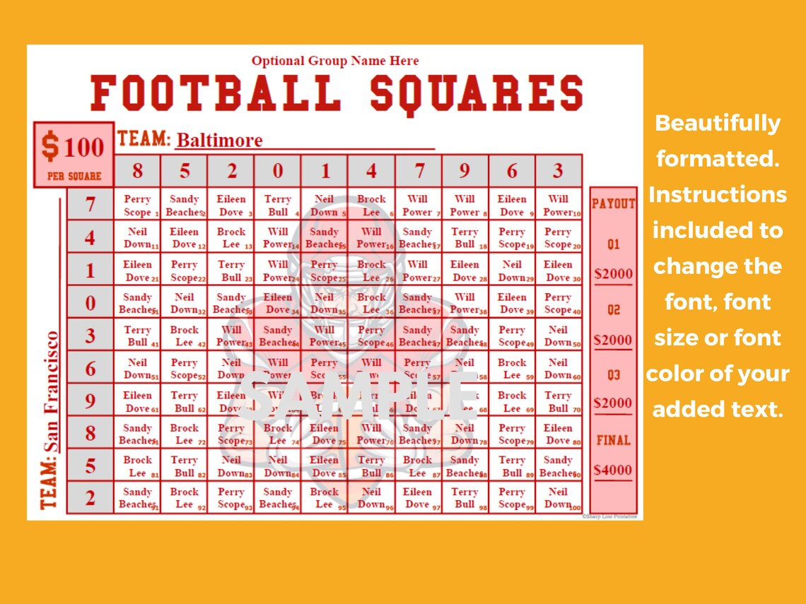 Editable Football Squares Game PDF Numbered Grids for Football Bets ...