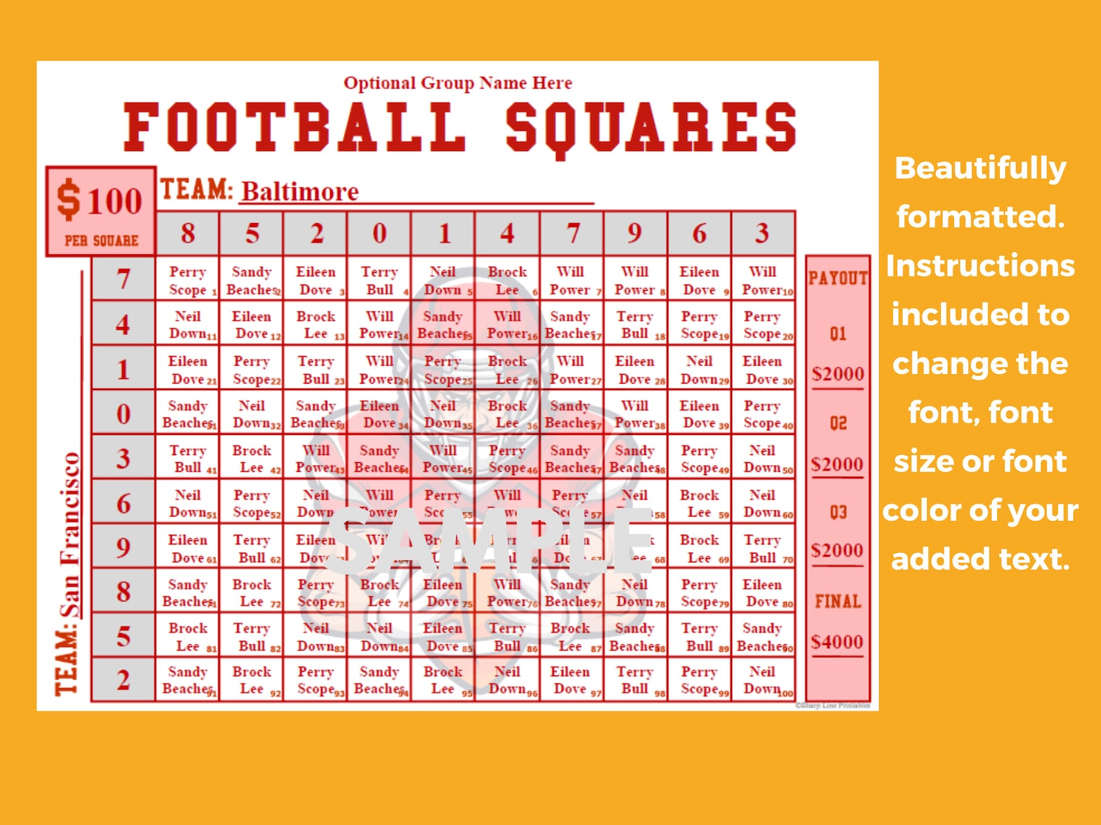 Editable Football Squares Game PDF - Numbered Grids for Football Bets ...