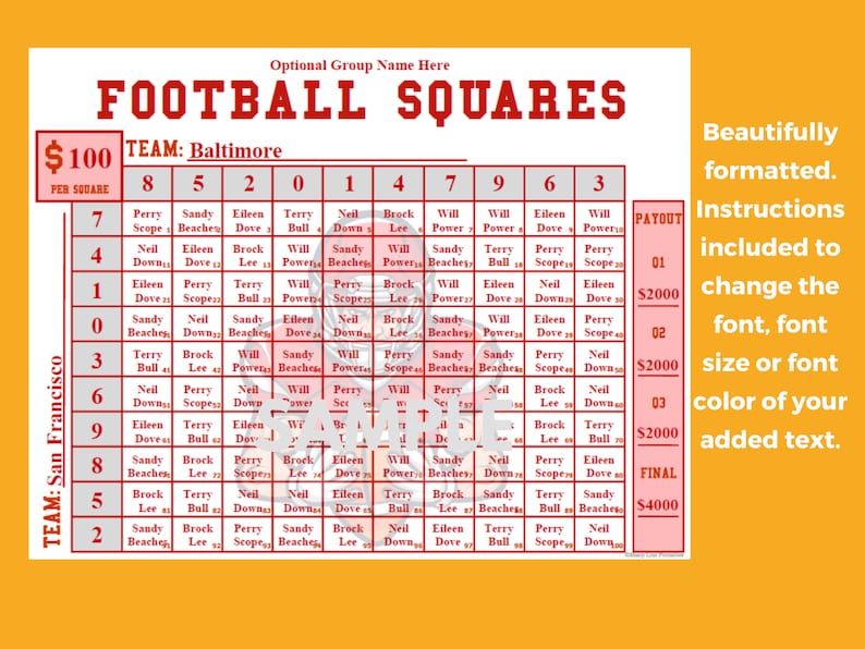 Football Squares Game Printable Editable PDF Football Squares Numbered ...