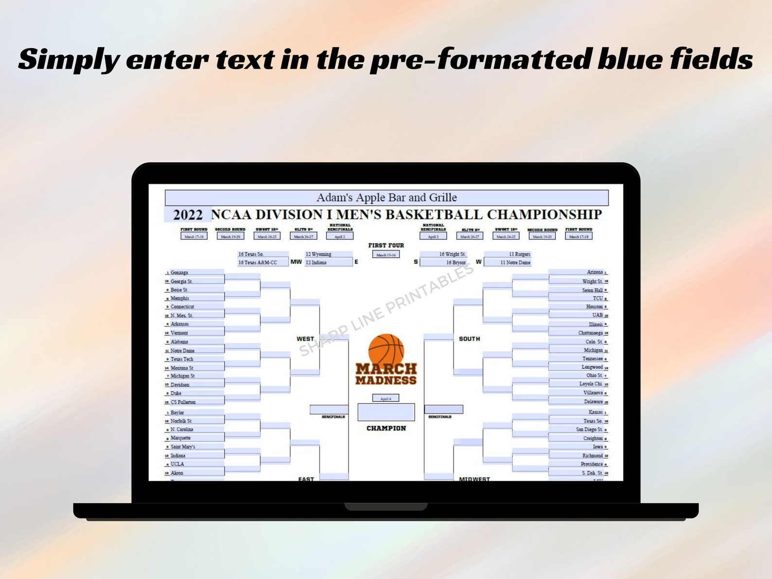Printable NCAA Basketball Bracket March Madness Template - Etsy