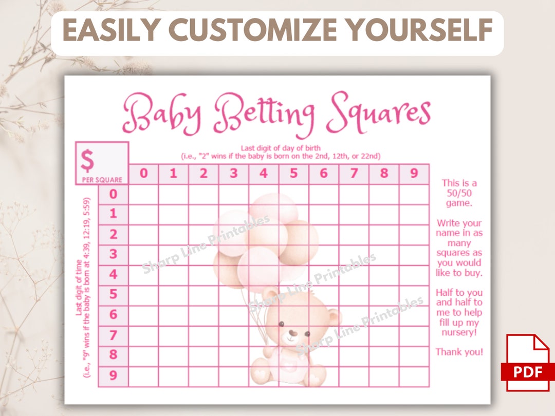 Pink Bear Baby Betting Squares Editable Baby Shower Game Customizable ...