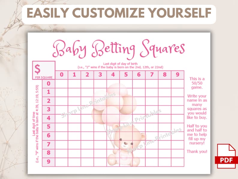 Pink Bear Baby Betting Squares Editable Baby Shower Game Customizable ...