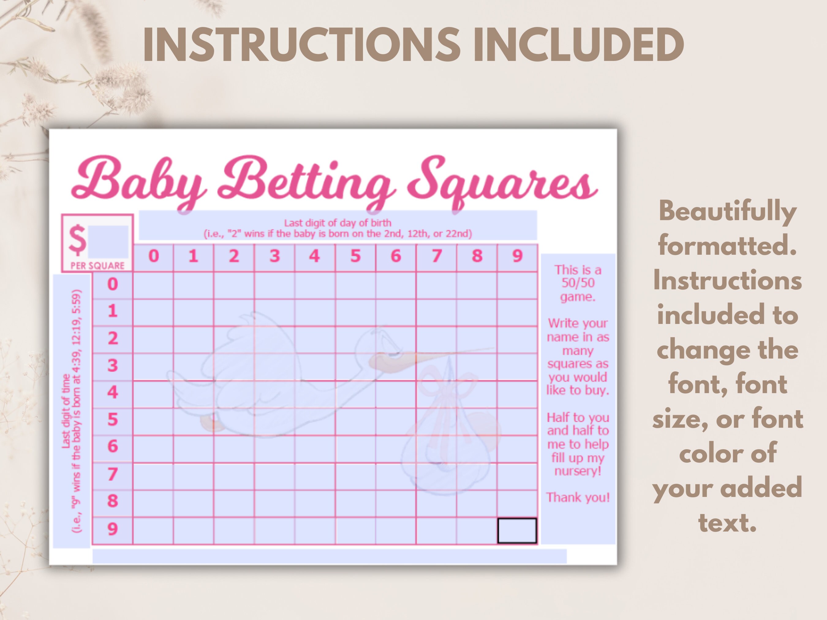 Baby Betting Squares Game: Editable Pink Baby Shower (printable) - Etsy