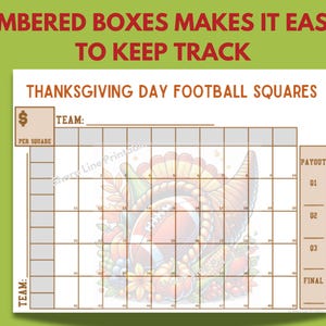 Thanksgiving Football Squares Game: 50 Numbered Squares (printable PDF ...