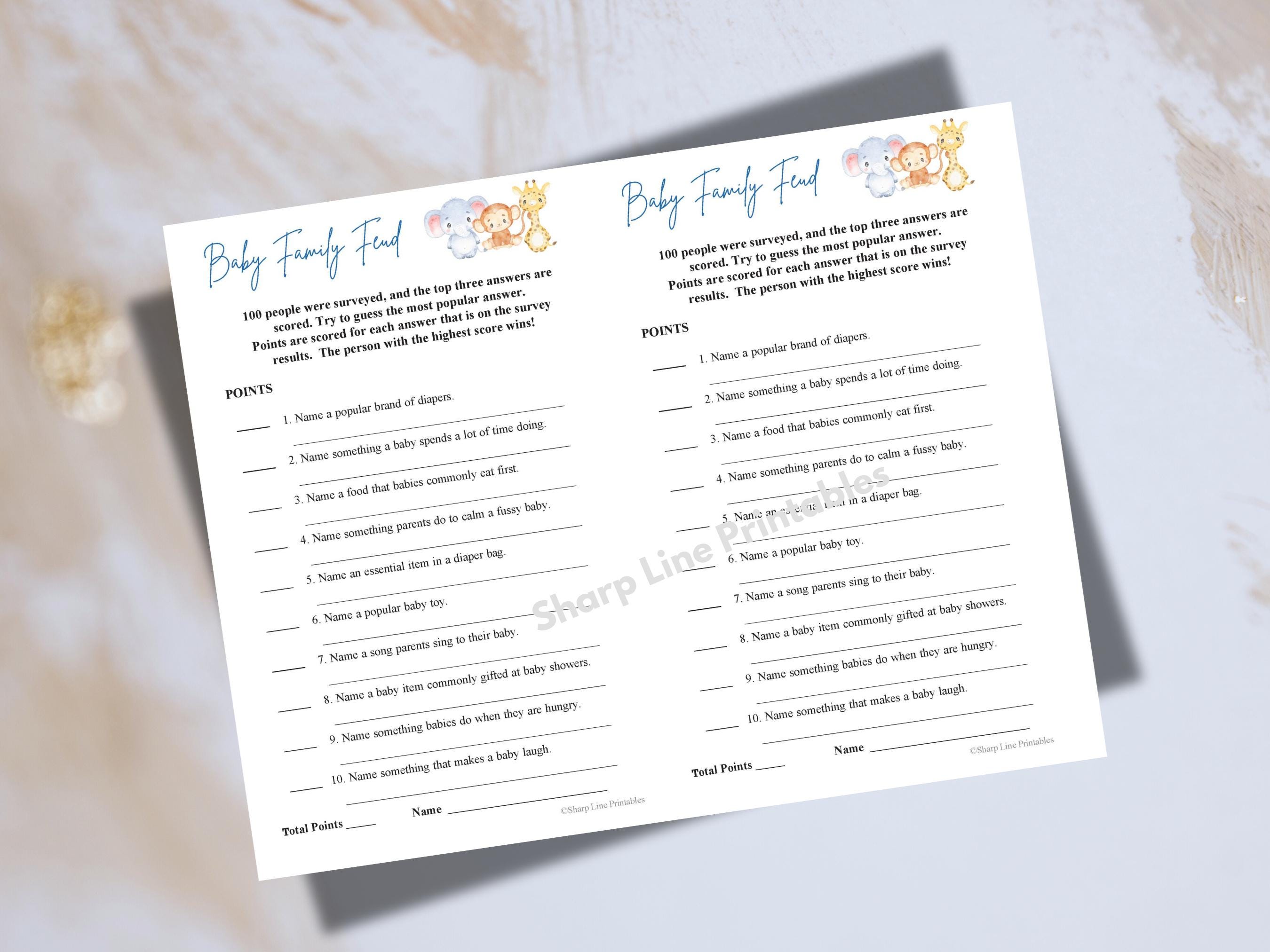 Blue Baby Animal Family Feud Game: Printable Baby Shower Activity (PDF ...