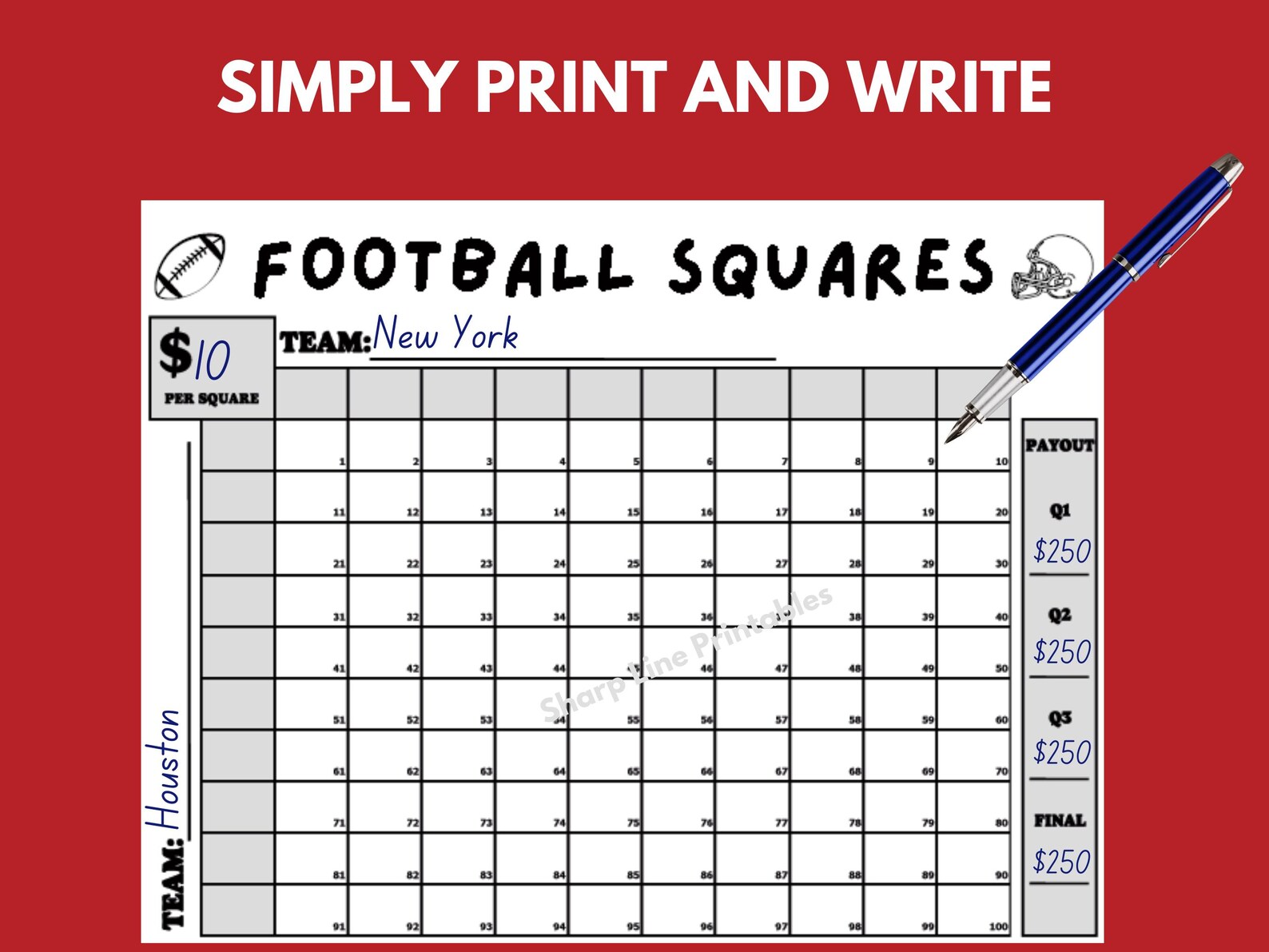 Printable Football Squares PDF, Instant Download, Super Bowl Pool ...