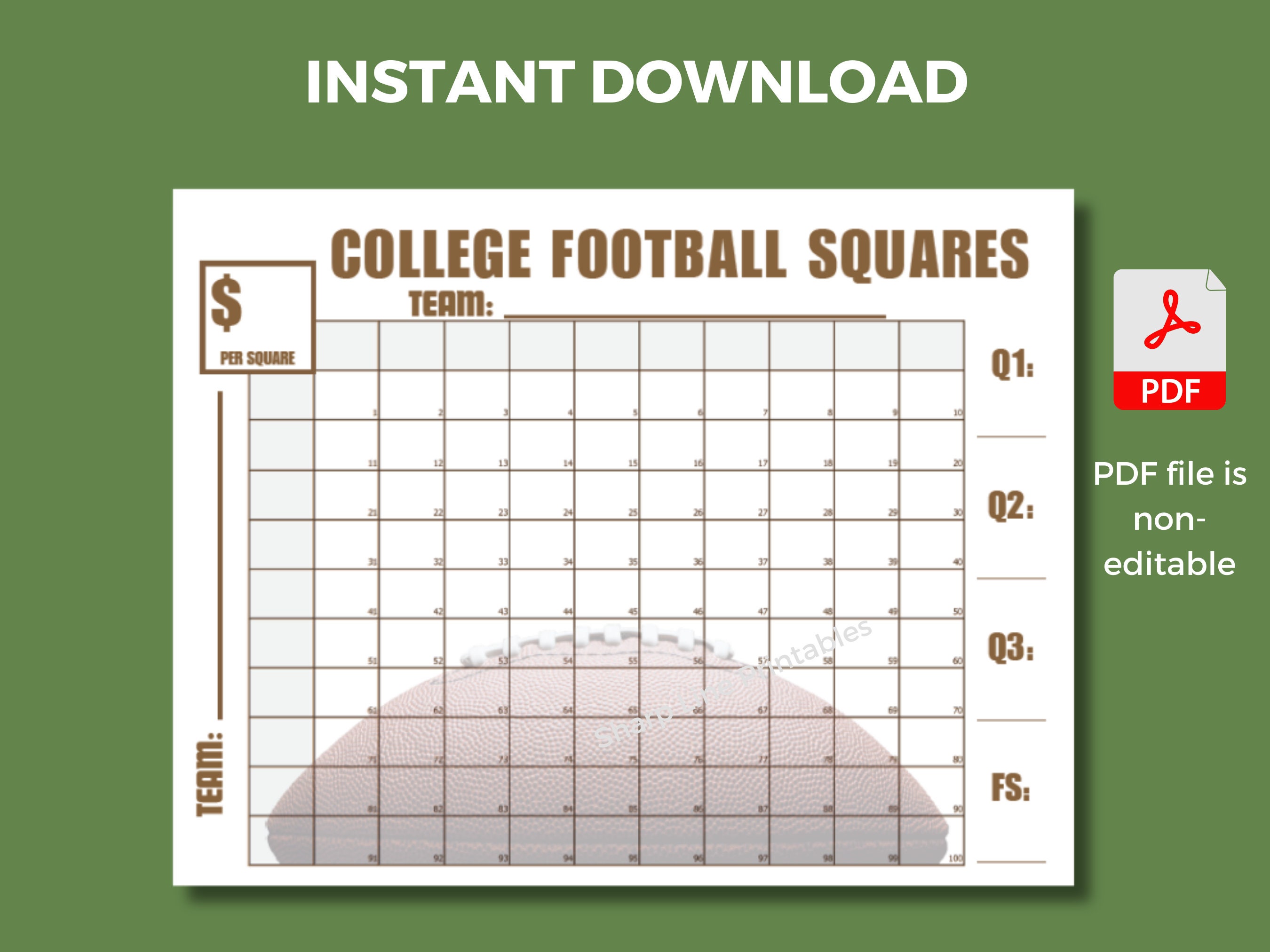 College Football Squares Template | 100 Numbered Square Grid | Instant ...