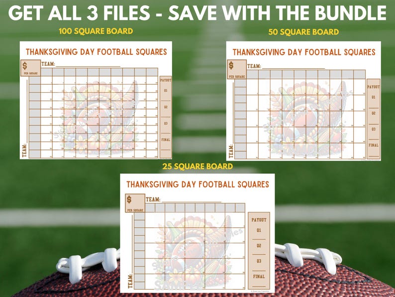 Thanksgiving Football Squares Bundle: 100, 50, 25 Boards (printable ...