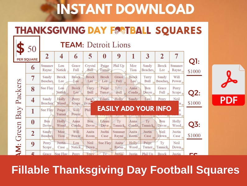 Football Squares Template Printable Editable PDF Thanksgiving Football ...