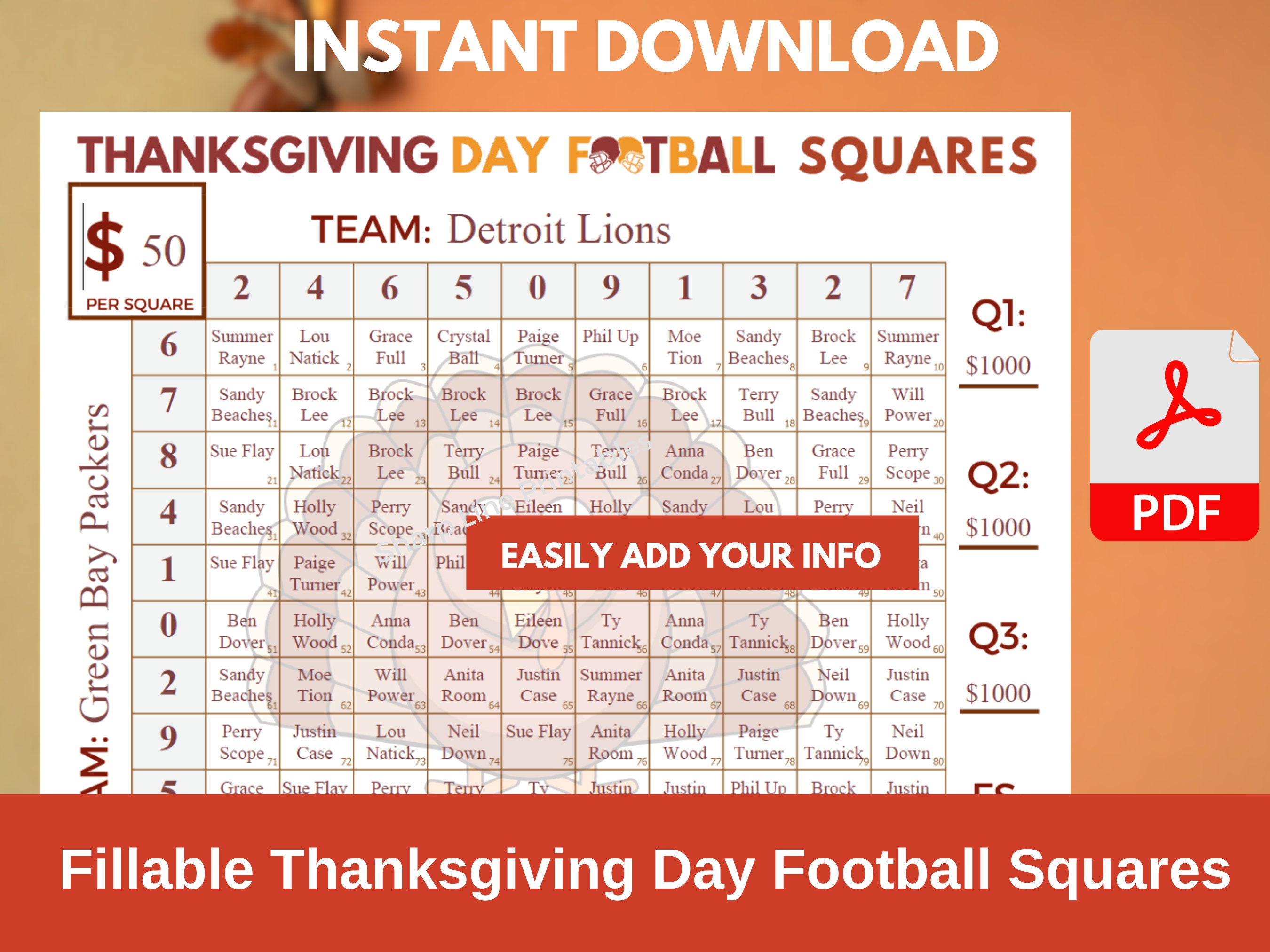 Thanksgiving Football Squares Template: Editable Printable (PDF) - Etsy