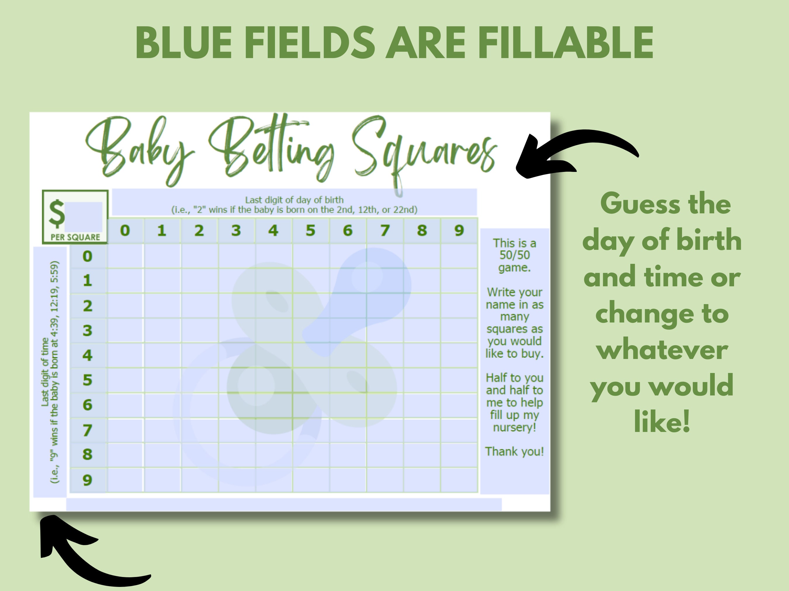Customizable Baby Prediction Betting Squares, Printable Baby Pool Game ...