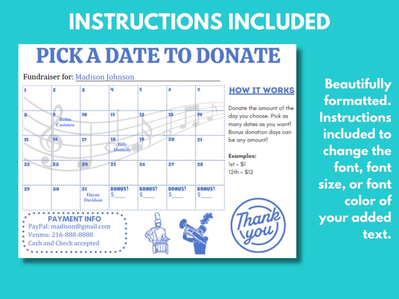 Marching Band Fundraiser Calendar, Custom Donate Dates, Editable PDF ...
