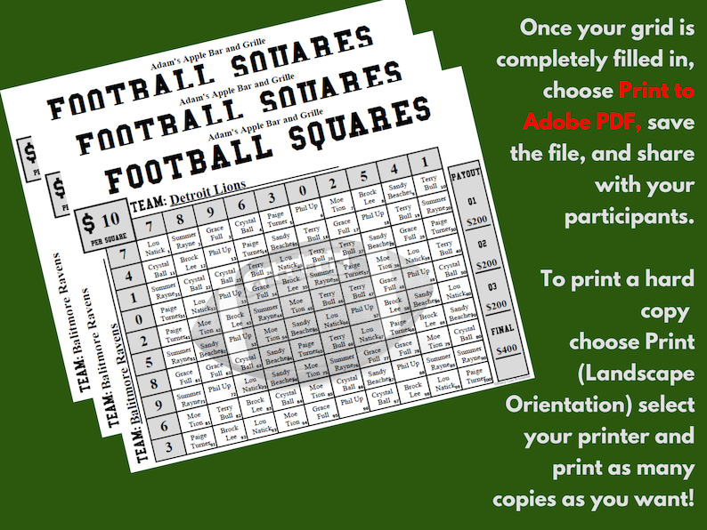 Editable Football Squares Template Printable Editable PDF Football ...