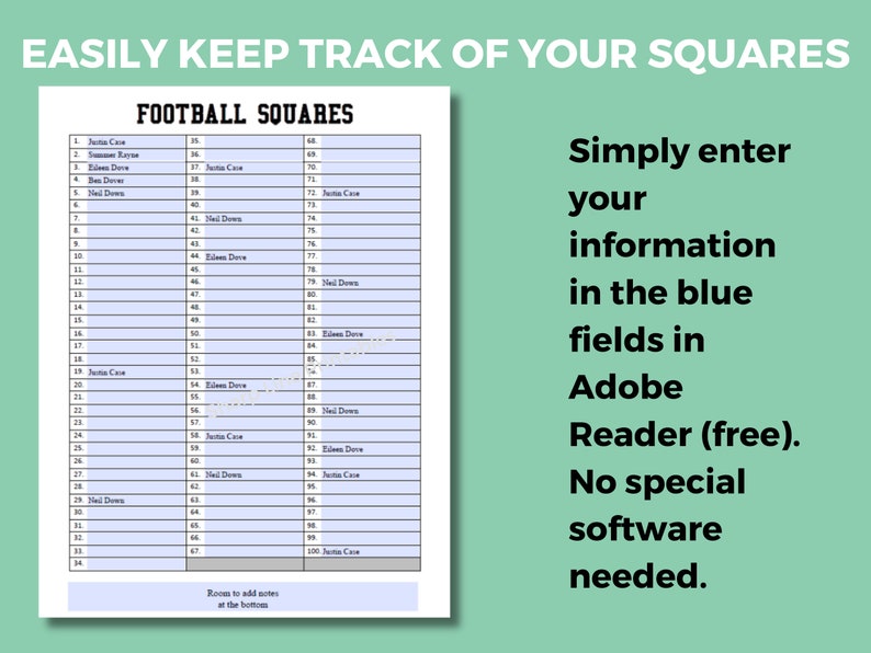 Football Squares Fillable Tracking Sheet Printable Form PDF Sheet 100 ...