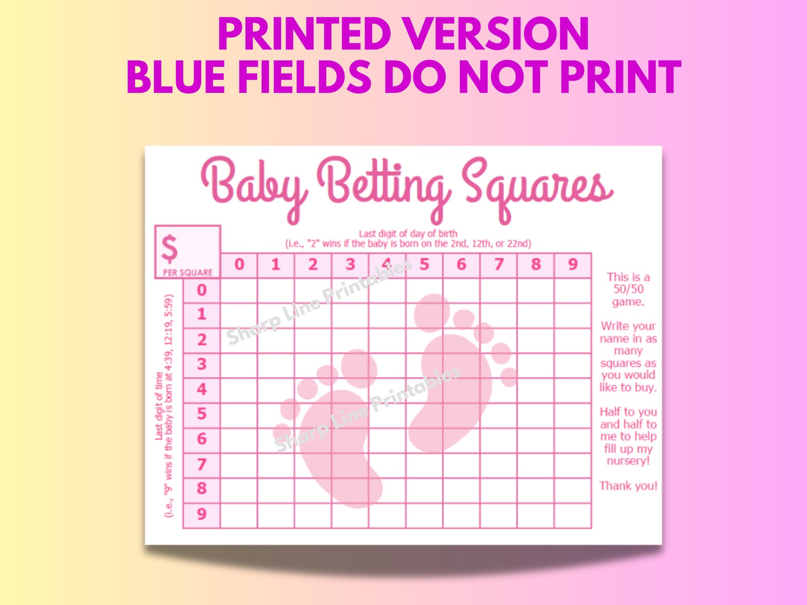 Girl Baby Shower Pink Footprints Guessing Game, Baby Betting Squares ...