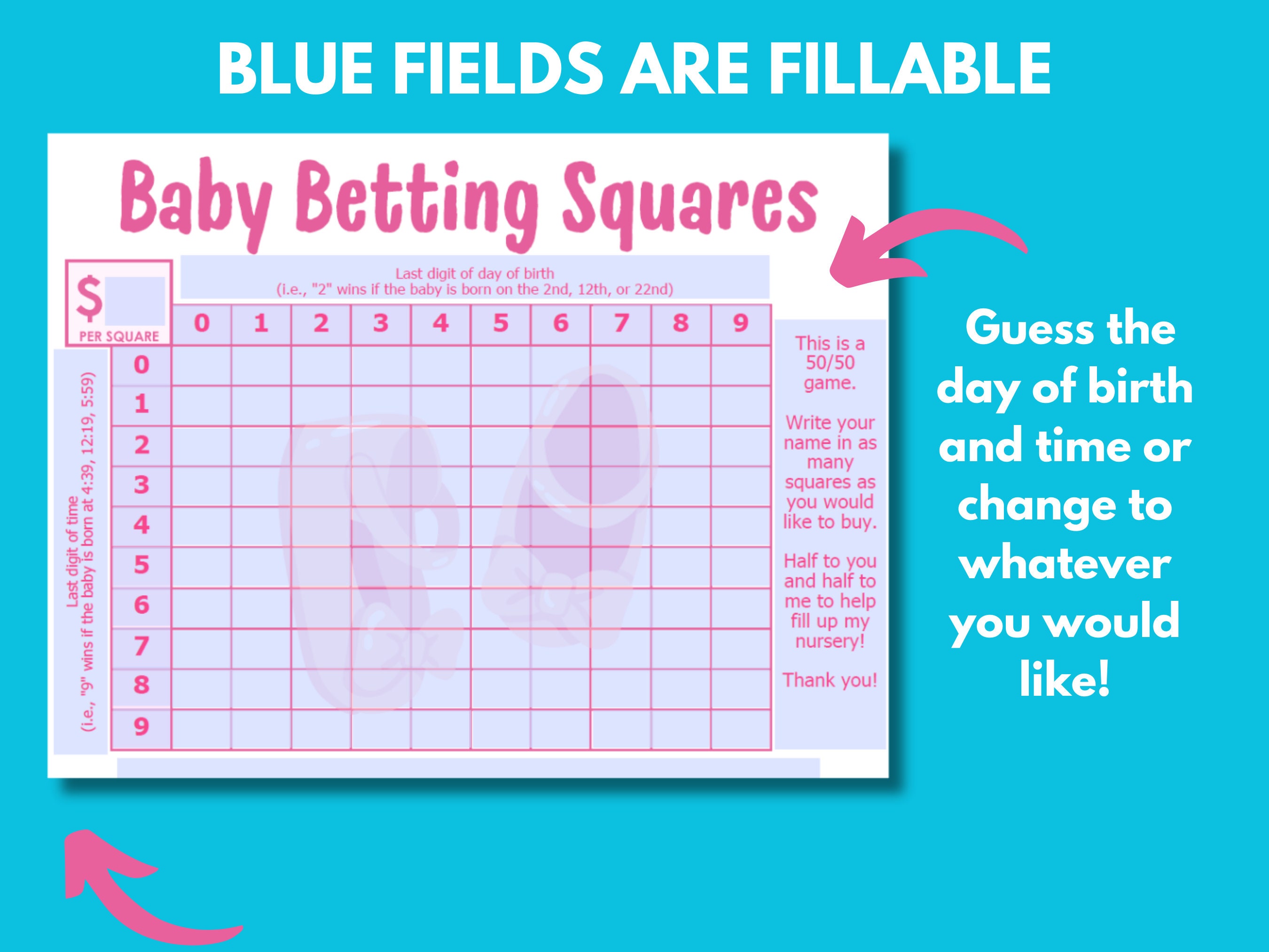 Girl Baby Shower Guessing Game, Baby Betting Squares Game, Fun Baby ...