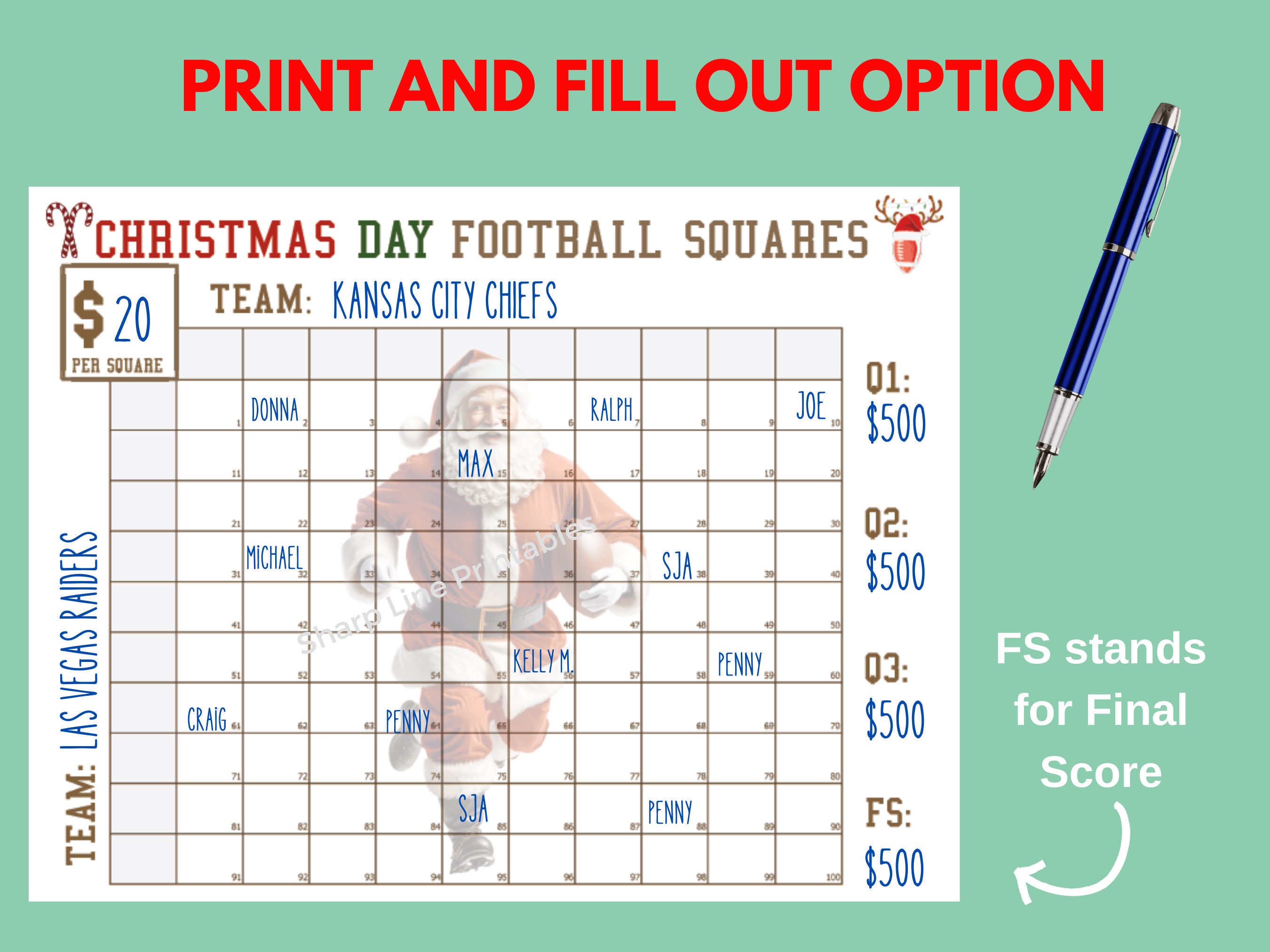 Editable Football Squares Template Christmas Football Fundraiser ...