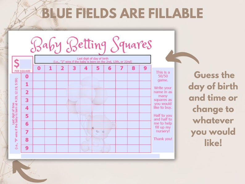 Pink Bear Baby Betting Squares Editable Baby Shower Game Customizable ...