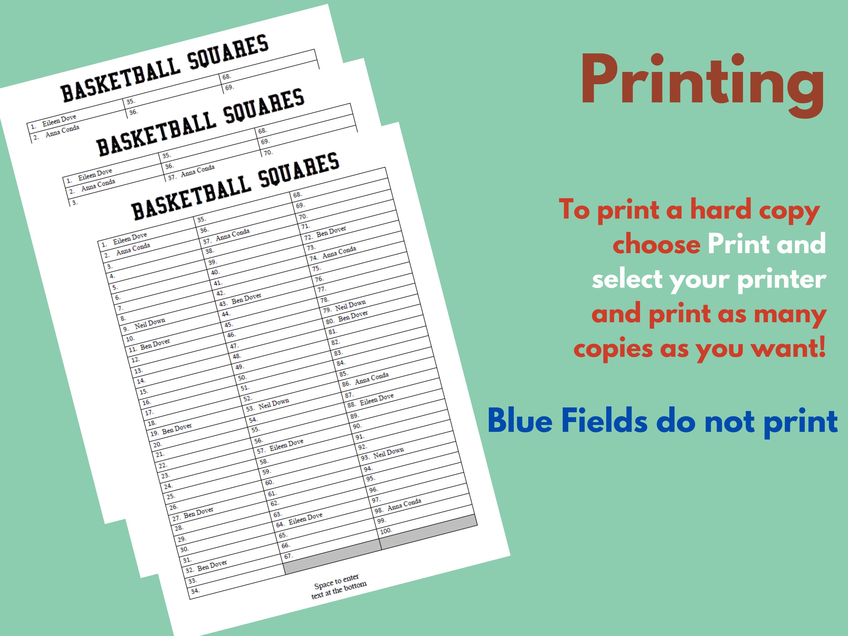 Basketball Squares Fillable Tracking Sheet Printable Form PDF Sheet 100 ...