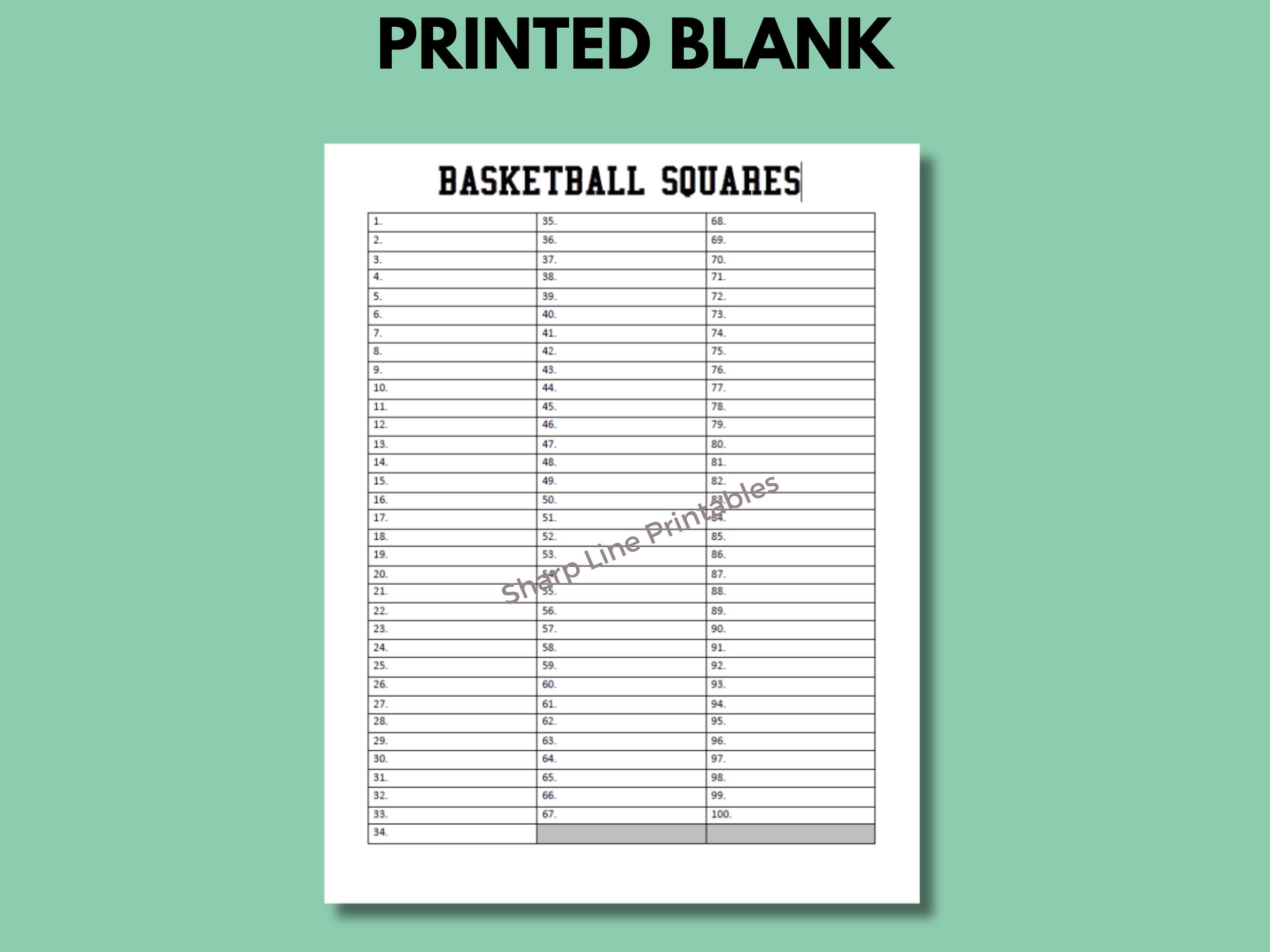 Basketball Squares Fillable Tracking Sheet Printable Form PDF Sheet 100 ...
