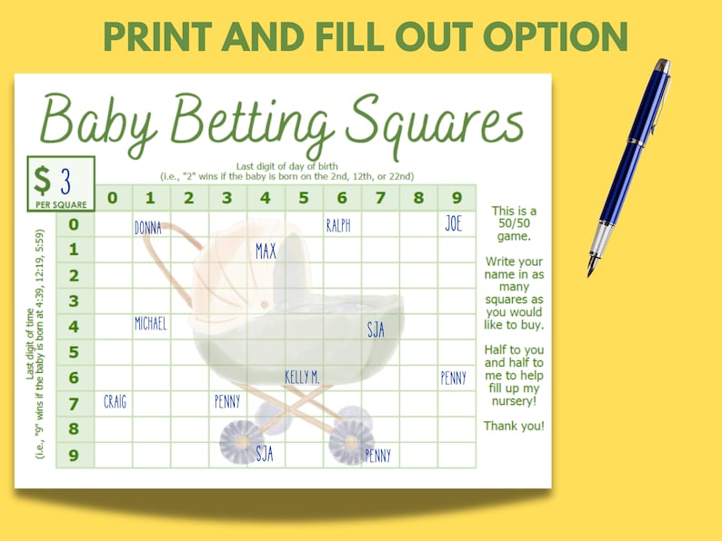 Baby Shower Game Betting Squares Editable Baby Shower Game Printable ...