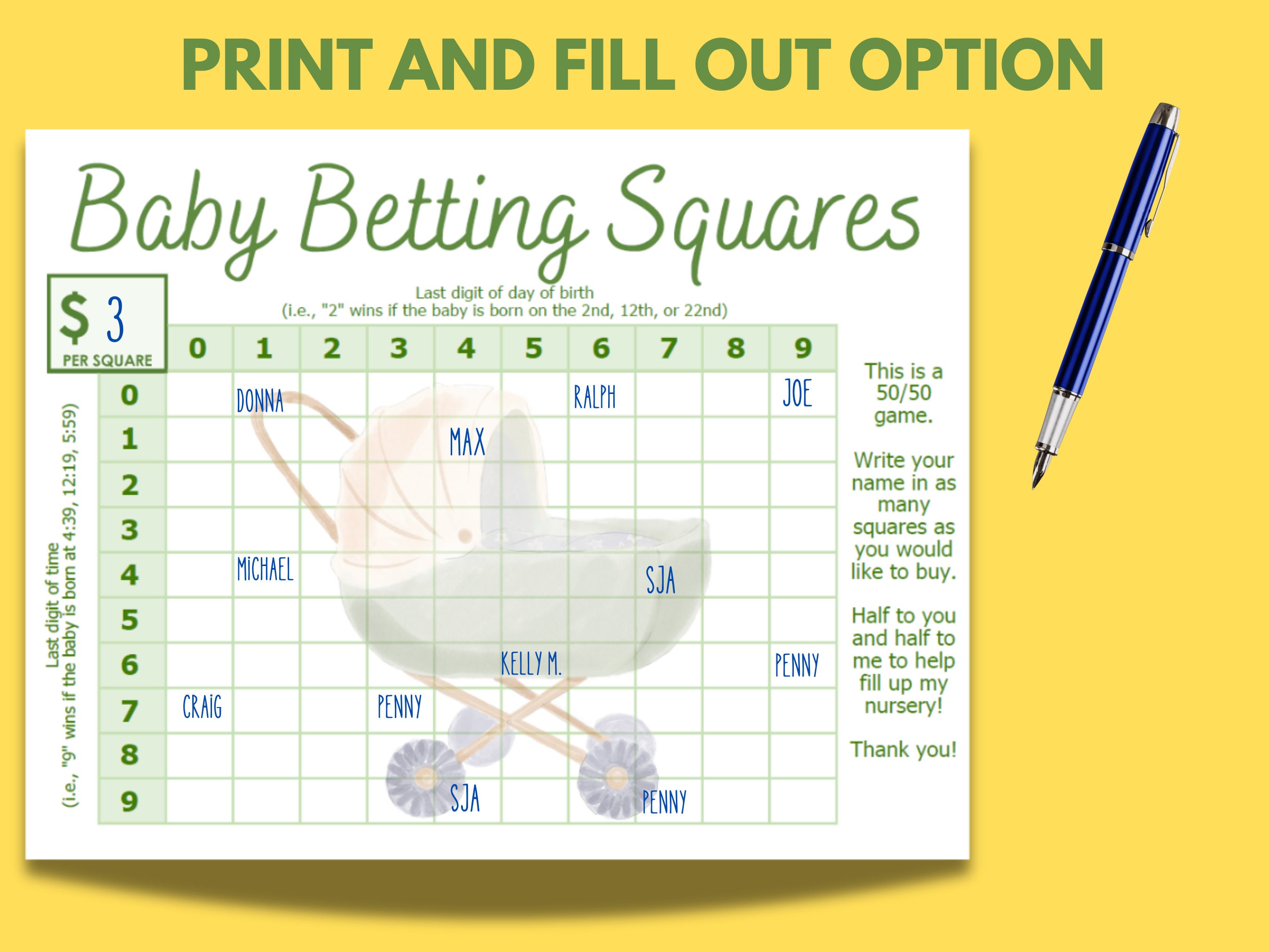 Baby Shower Game Betting Squares Editable Baby Shower Game Printable ...