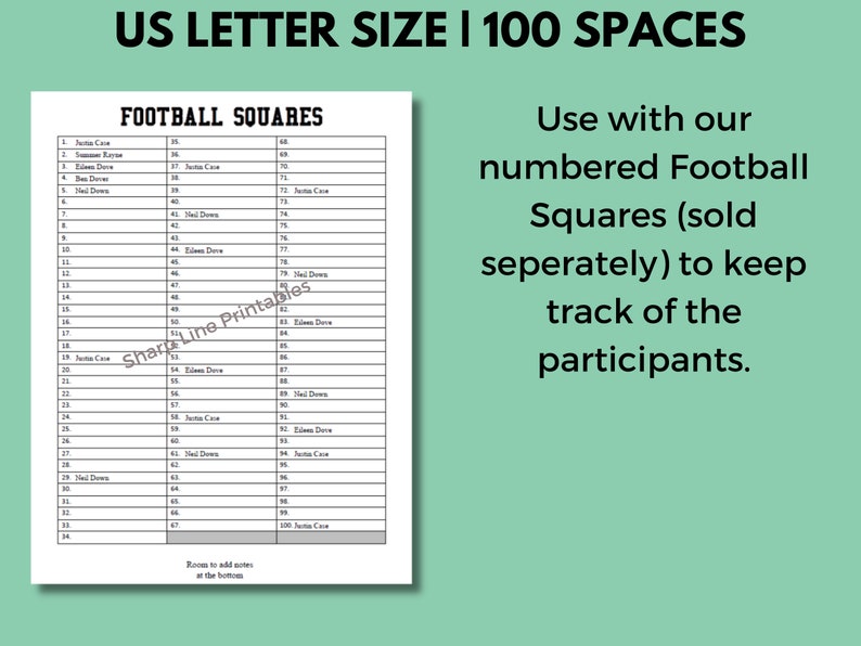 Football Squares Tracking Sheet: 100 Editable Spaces (fillable PDF) - Etsy