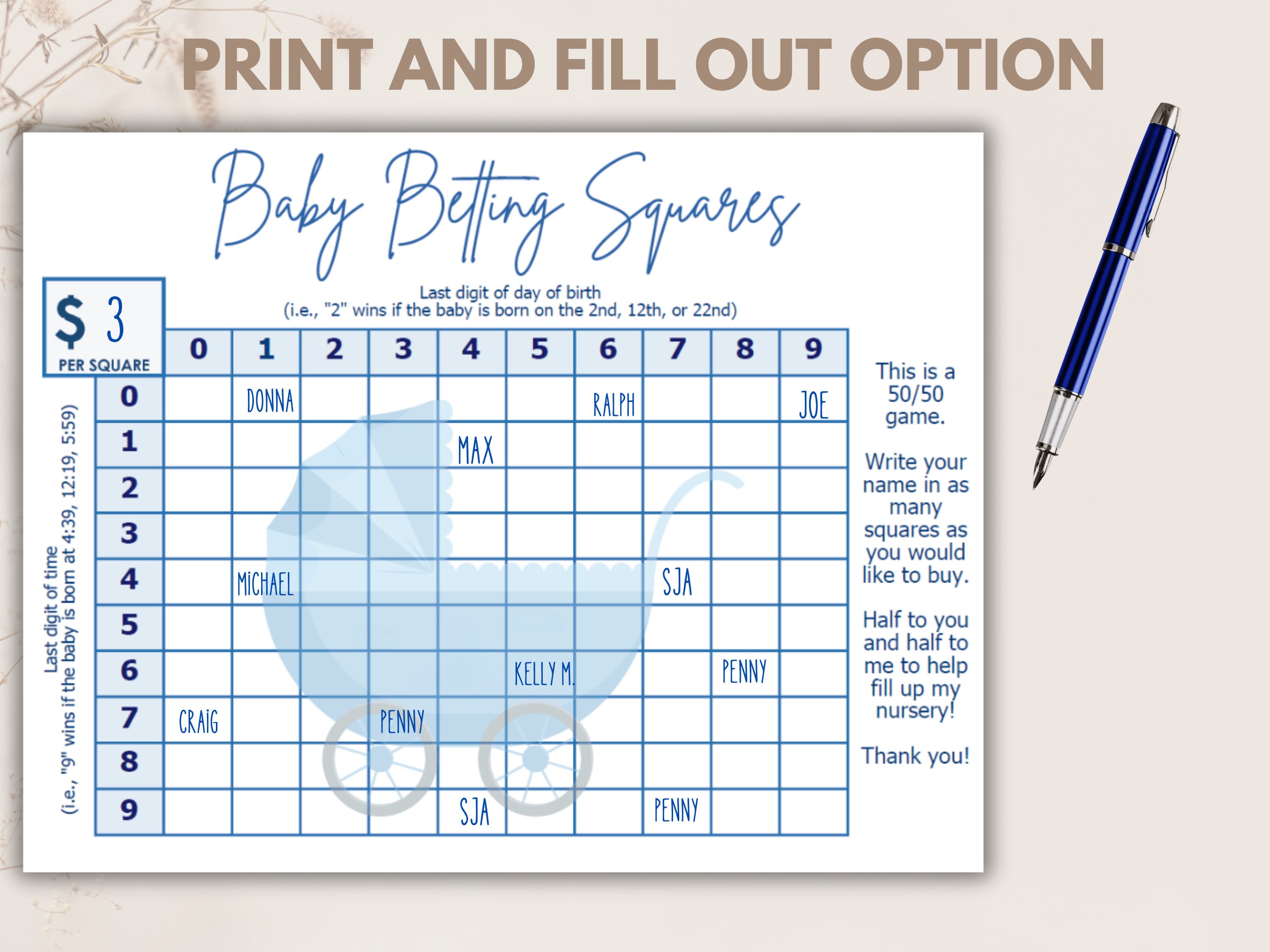 Baby Boy Shower Game Betting Squares Editable Baby Shower Game ...