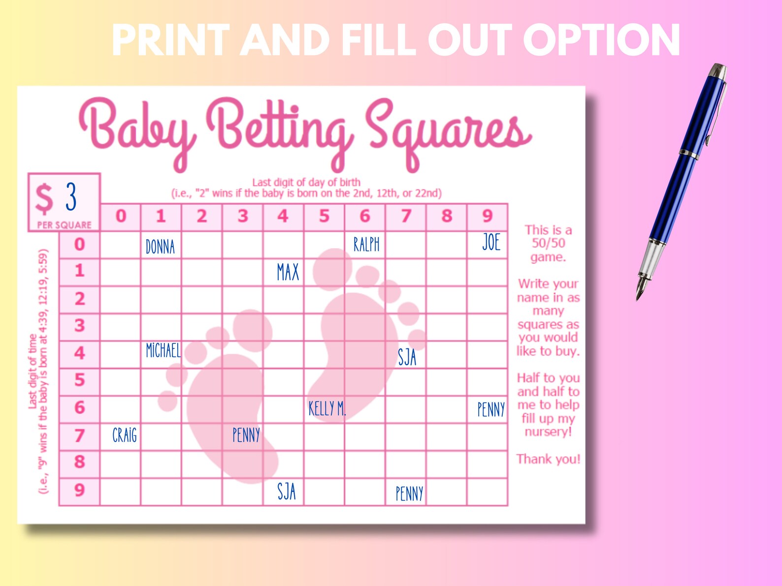 Girl Baby Shower Pink Footprints Guessing Game, Baby Betting Squares ...