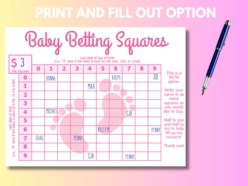 Girl Baby Shower Pink Footprints Guessing Game, Baby Betting Squares ...
