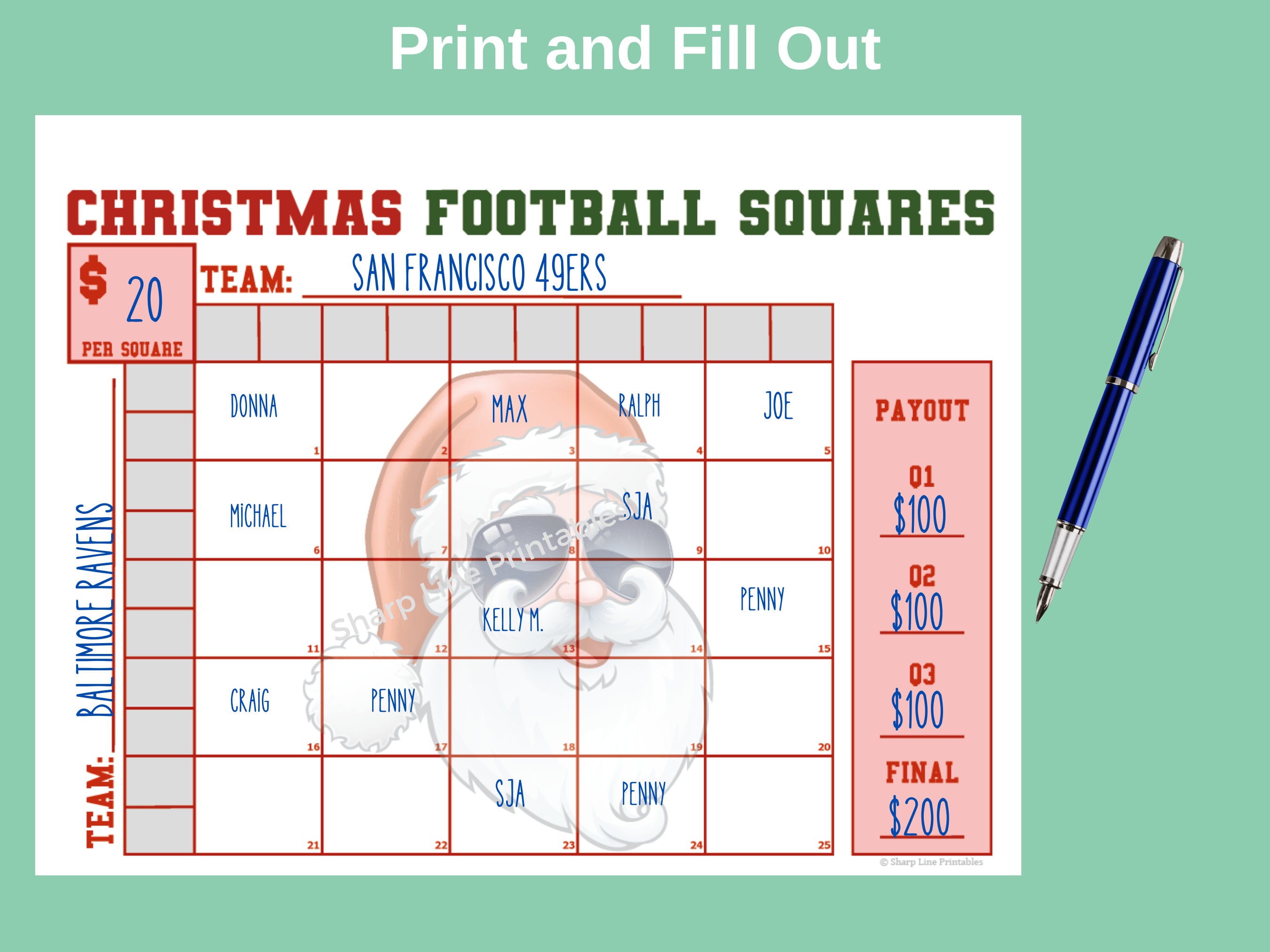 25 Football Squares Template Printable Christmas Football Fundraiser ...
