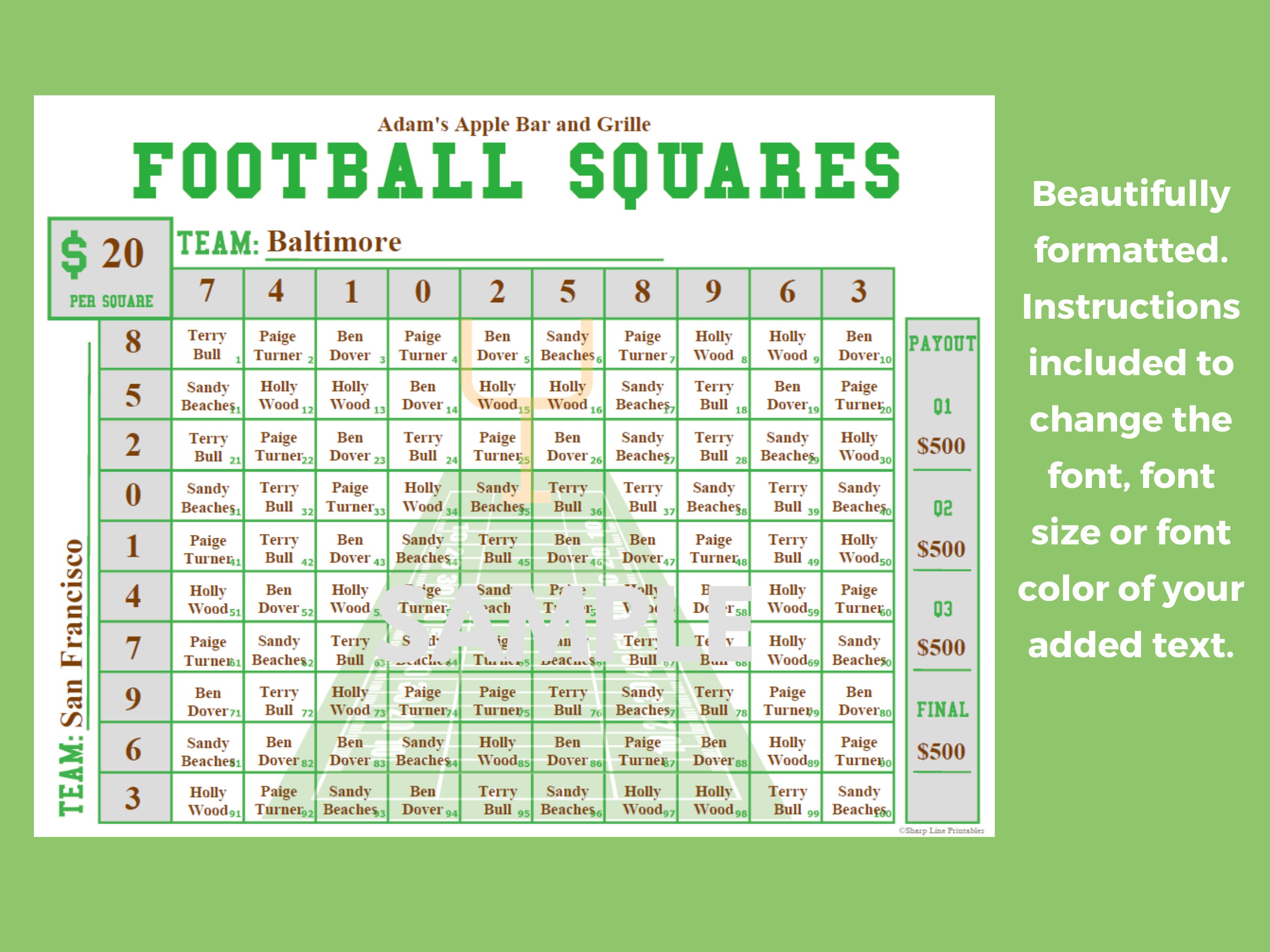 Editable Football Squares 100 Boxes Template Printable PDF Football ...