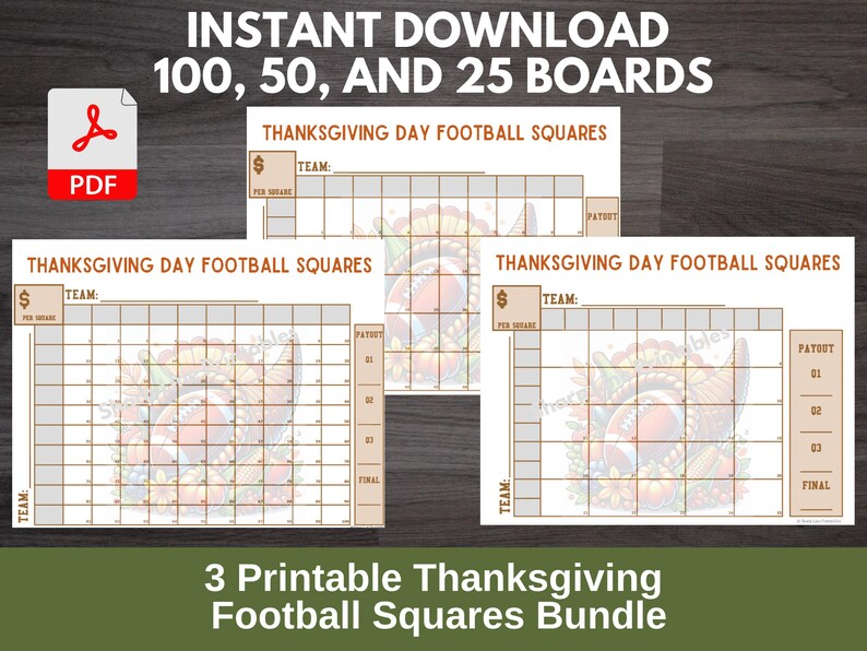 Thanksgiving Football Squares Bundle: 100, 50, 25 Boards (printable ...