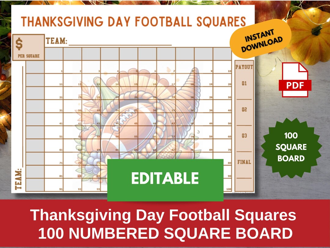 Thanksgiving Football Squares: 100 Numbered Squares, Editable Template ...