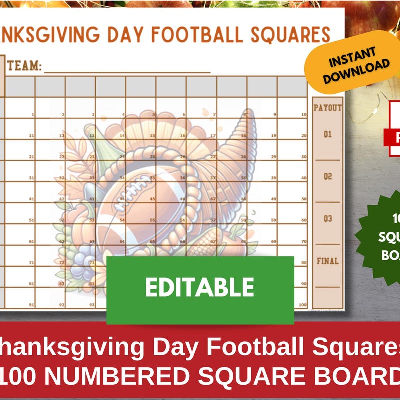 100 Square Editable Football Squares - Etsy