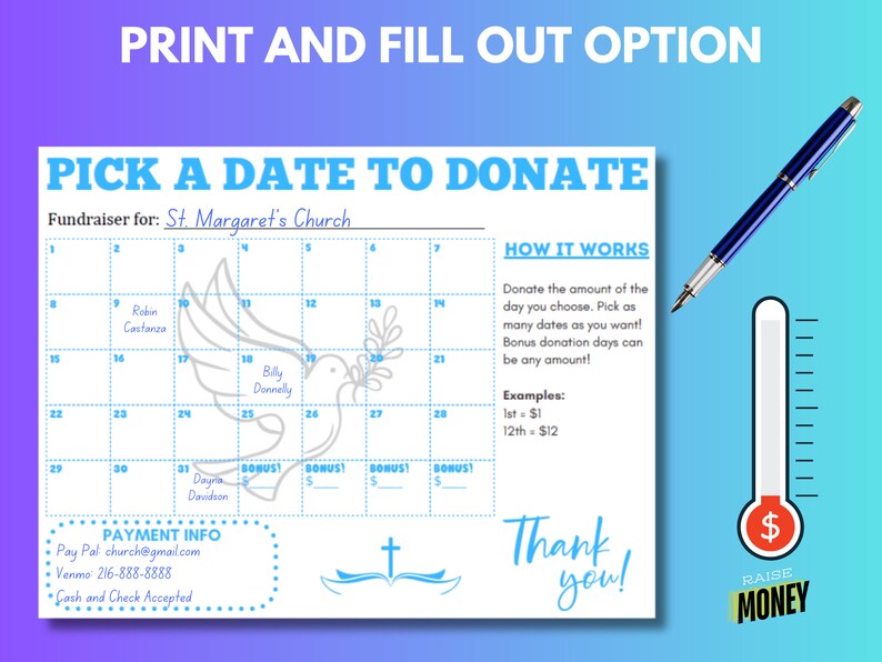 Church Fundraiser Calendar: Pick a Date to Donate (digital Download) - Etsy